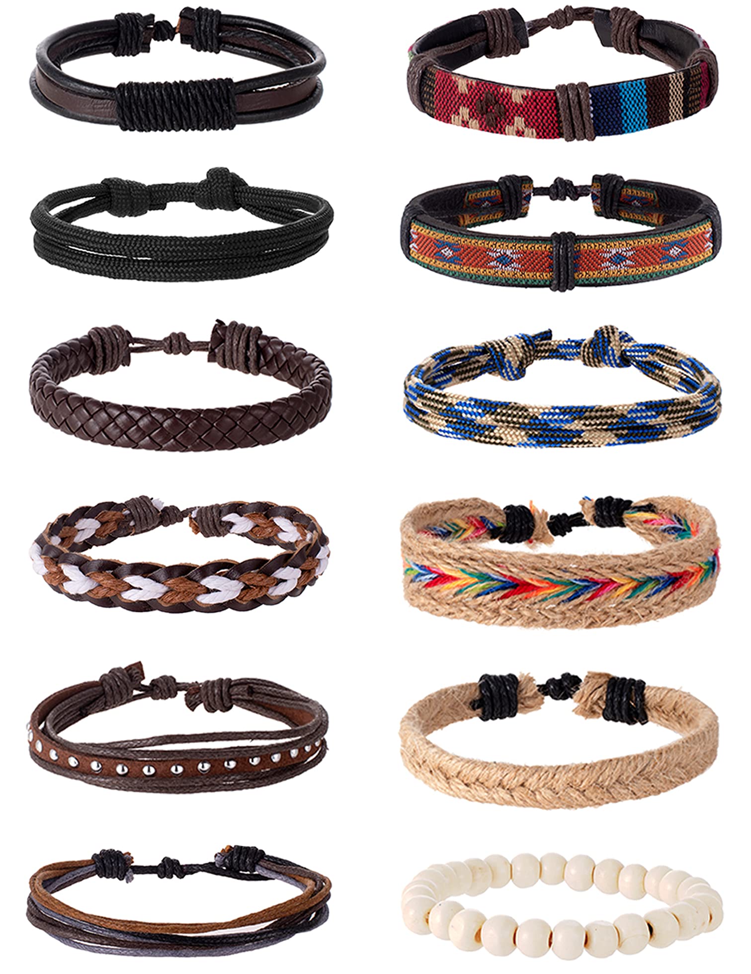 Akeoqi 12Pcs Braided Leather Bracelets Set For Men Women Wooden Beaded Cuff Wrap Bracelet Boho Ethnic Tribal Linen Hemp Cords Wrap Bracelets Adjustable Rainbow And White