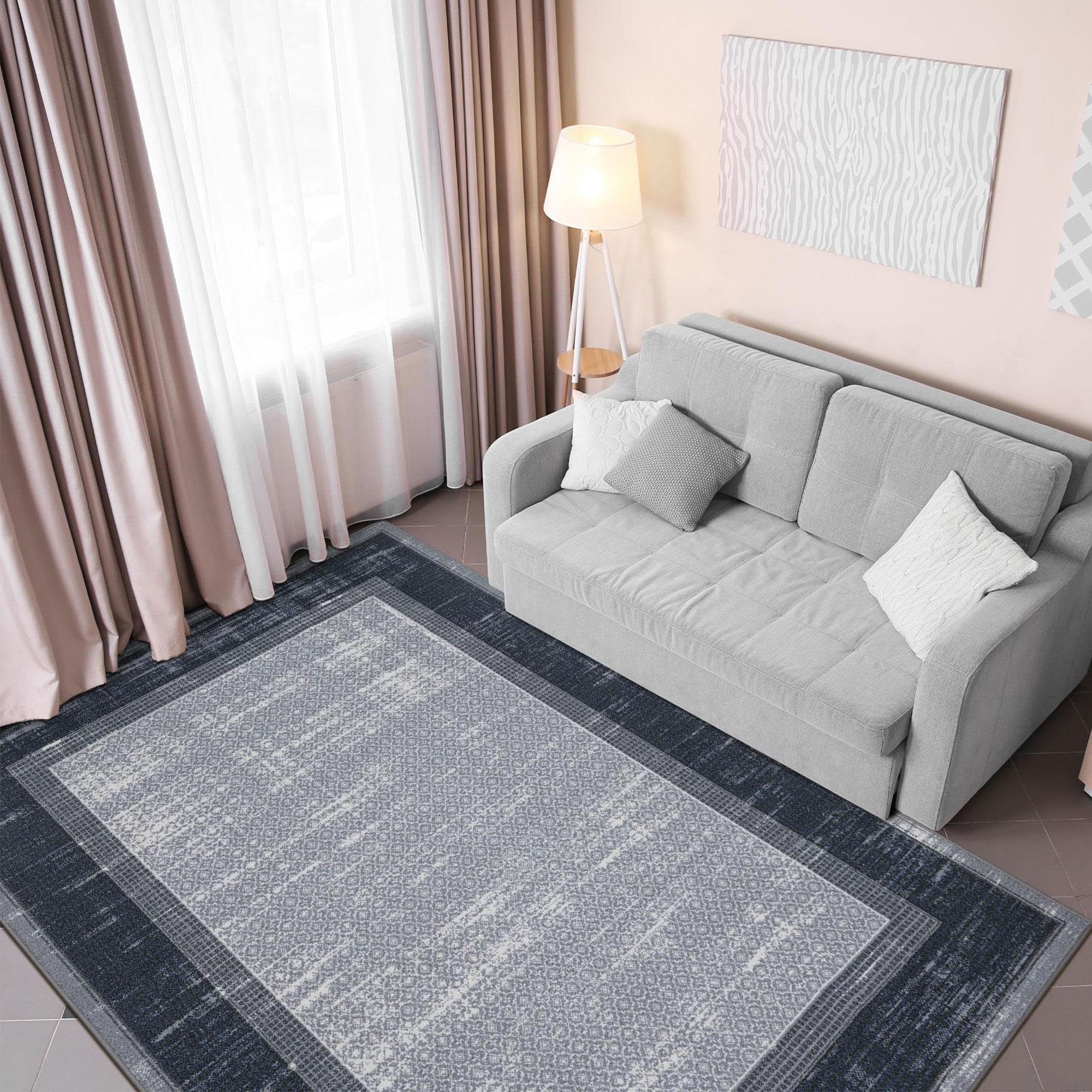 Ottomanson Ottohome Contemporary Bordered Design Rubberback Area Rug, 3'3" x 5', Gray/Navy