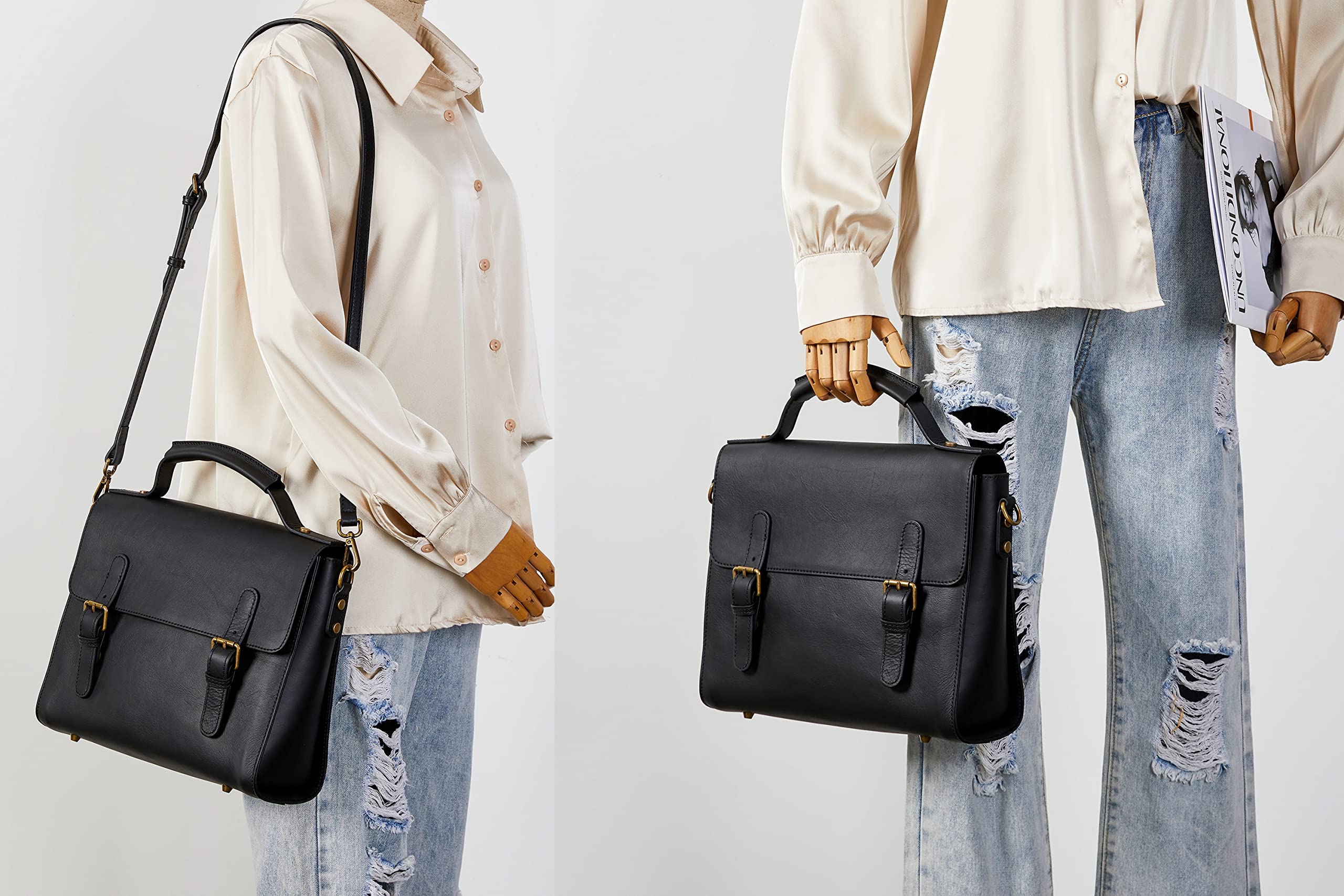 Vintage Leather Messenger Bag For Women Top Handle Shoulder Handbags Fit A4 Paper (Black)
