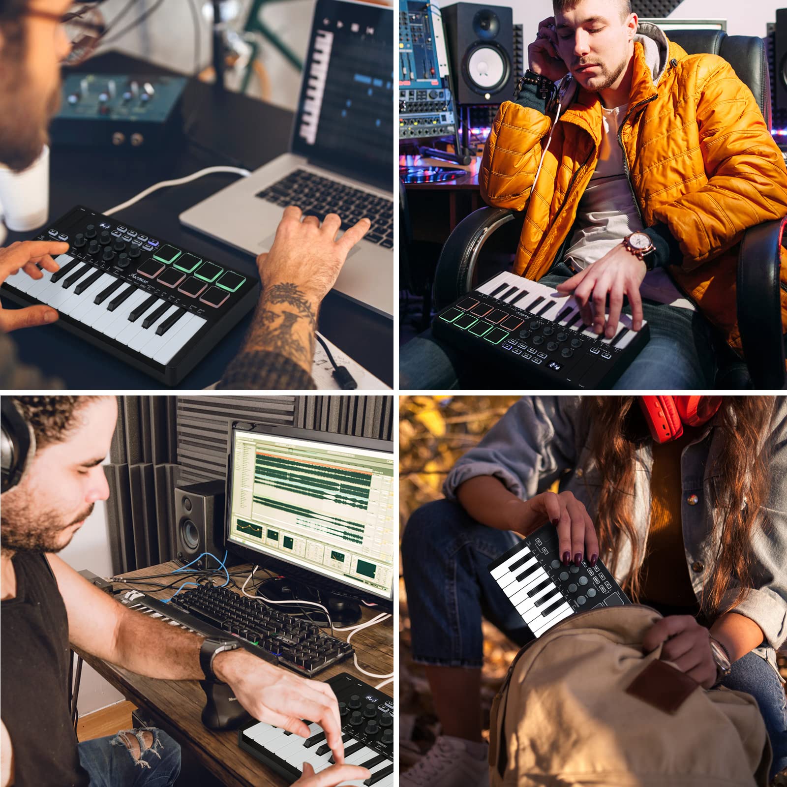 Asmuse Wireless MIDI keyboard, 25 Keys USB MIDI Controller Keyboard with Bluetooth, Professional Mini MK3 with Beat Pad, Knobs and Keys (Black)