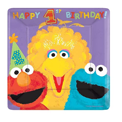 Amscan Sesame Street 1st Birthday Party Supplies Bundle Pack includes 18 Large Lunch Plates and 48 Beverage Cake Napkins (Bundle for 18)