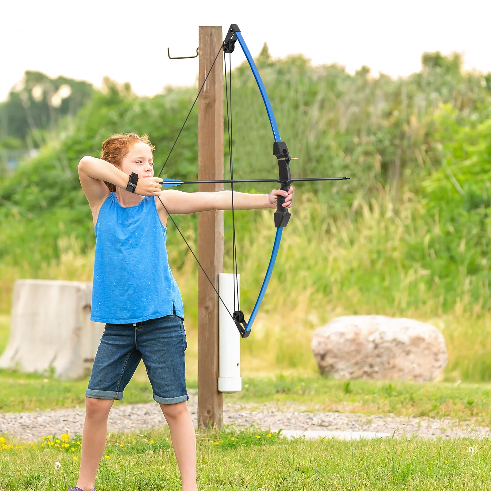 Aimdor Kids Bow and Arrow Set Youth Compound Bow and Arrow Practice Bow Kids Bow Birthday Gift Bow Left and Right Hand Bow Beginner Bow with 8 Arrows and Quiver for Outdoor Play Blue