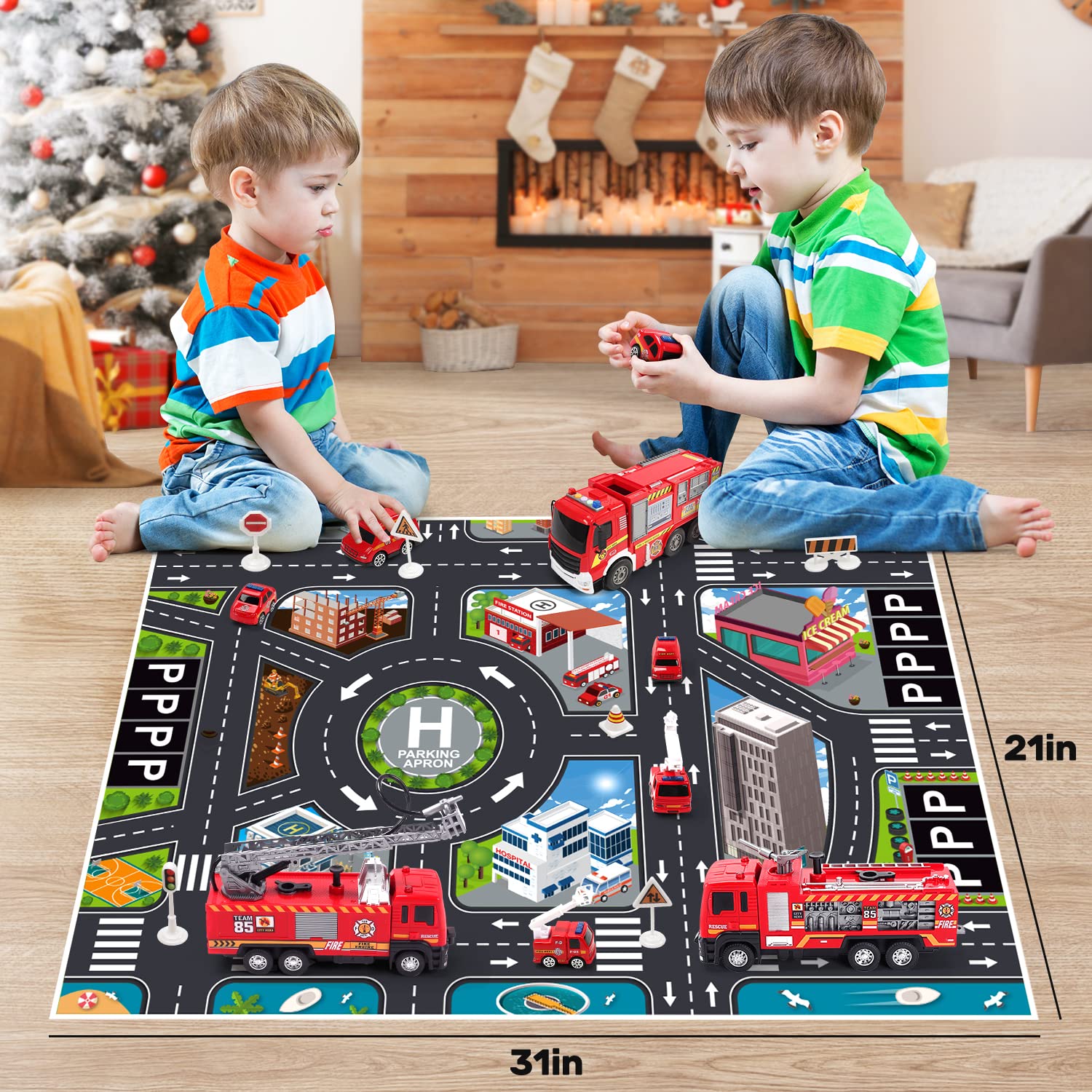 CUTE STONE 7 Pack Fire Trucks with Water Spraying Function, Fireman Toy Firetrucks with Sound and Light, Pull Back Cars, Friction-Powered Vehicles, Gift for Toddlers and 3+ Year Old Boys