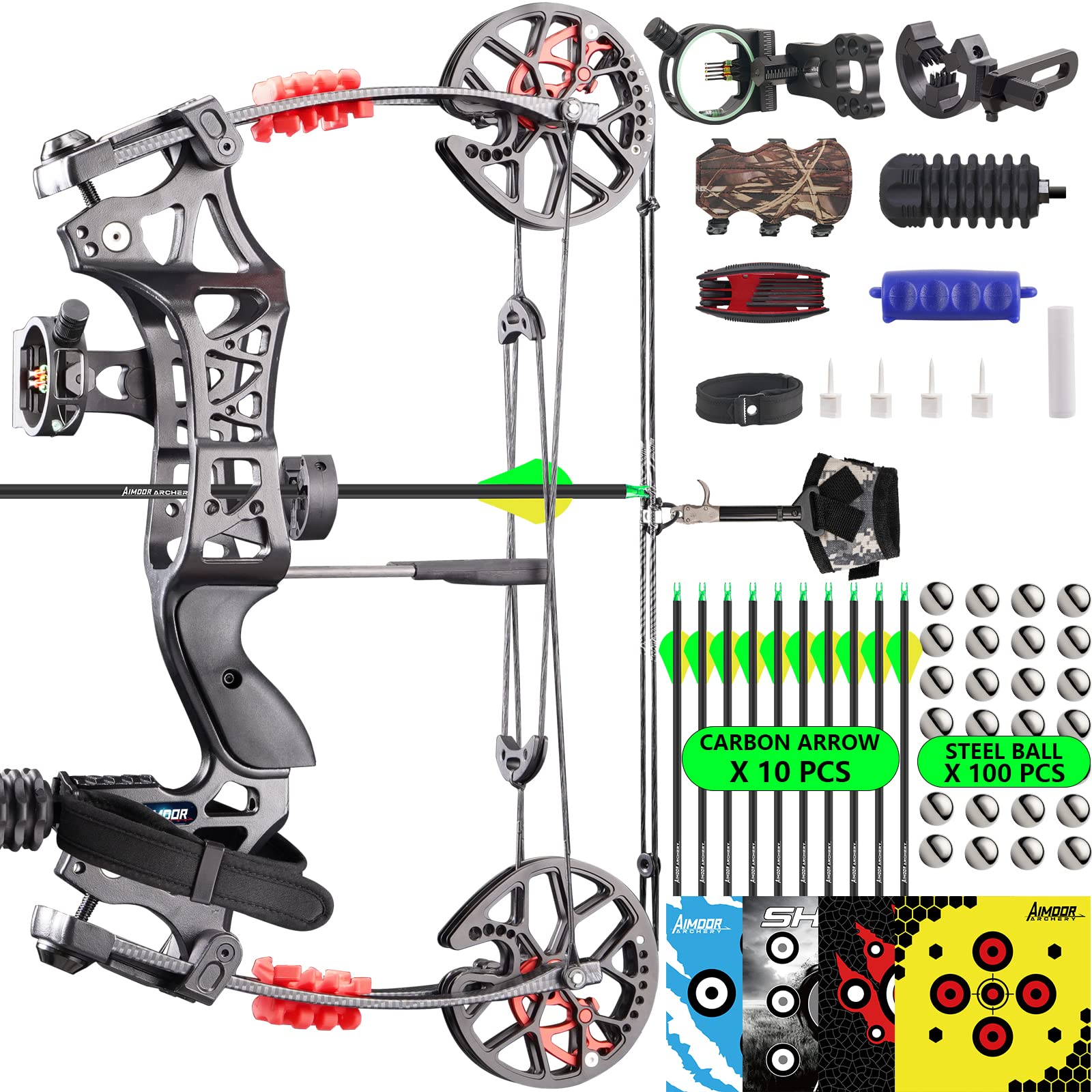 Aimdorarchery Compound Bow Kit with 100 Pcs Steel Balls 23.5”-28.5”Draw Length,30-60 Lbs Draw Weight up to 345 fps No Bow Press Needed Limbs Made in USA