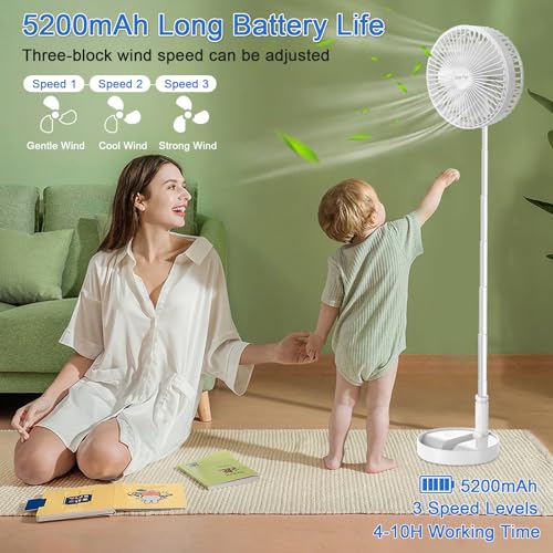 AKOFIC Portable Standing Fan with Solar Panel, Battery & Solar Powered Fan for Travel, 8" Rechargeable USB Foldable Compact Pedestal Fan, 3 Speeds Quiet Telescopic Desk Fan for Home Bedroom Camping
