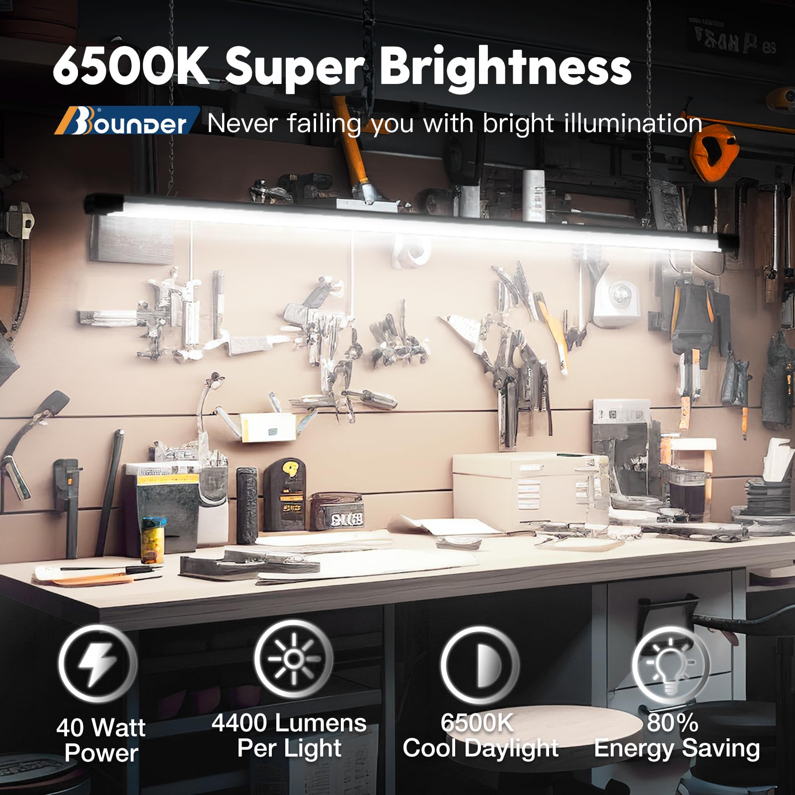 BBOUNDER 1 Pack Linkable LED Shop Light with Reflector, 4400 LM, 6500K Cool Daylight, 4 FT, 48 Inch Integrated Fixture for Garage, 40W Equivalent 250W, Surface & Suspension Mount, Black