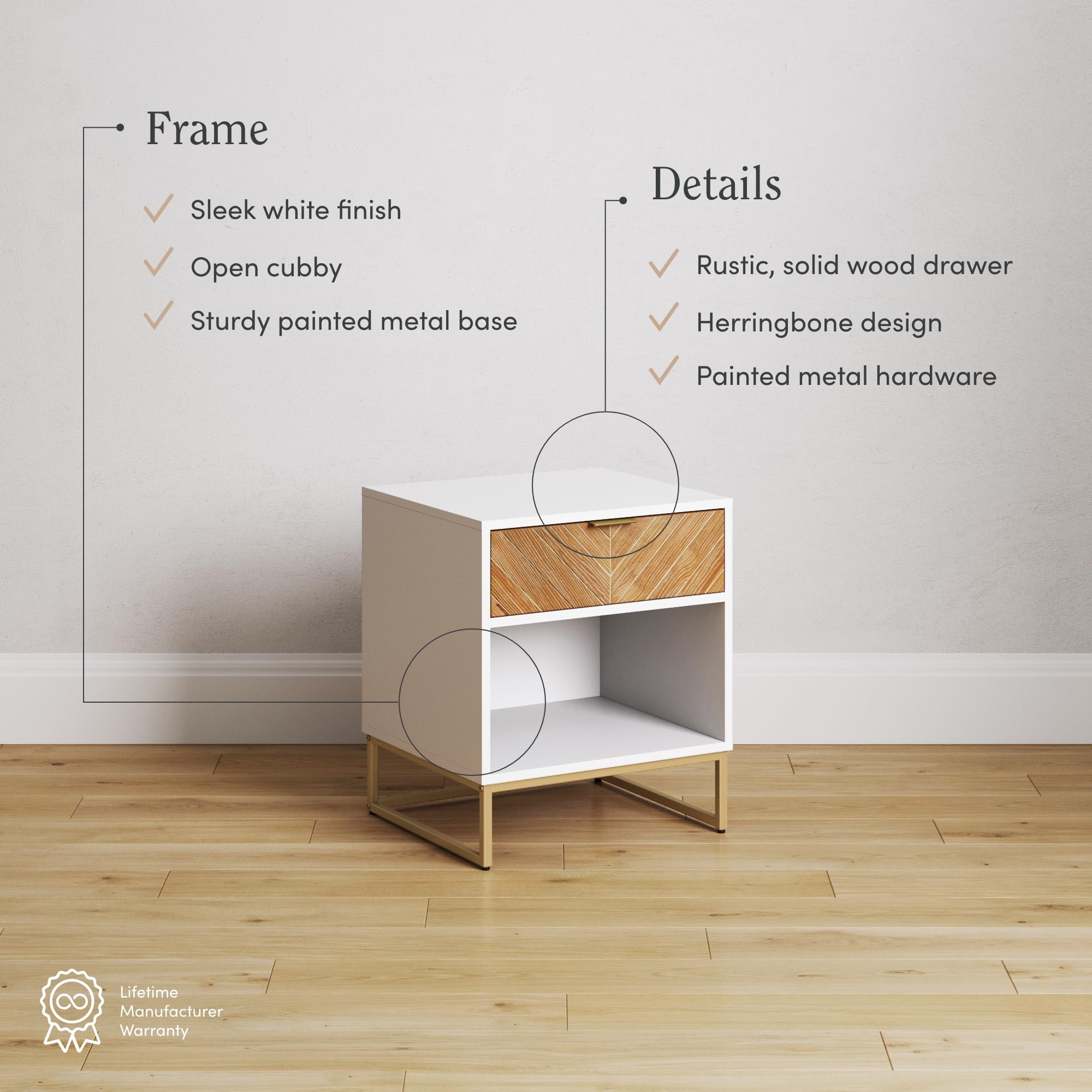 Nathan James Kensi Nightstand Side Accent or End Table with Storage, White/Gold