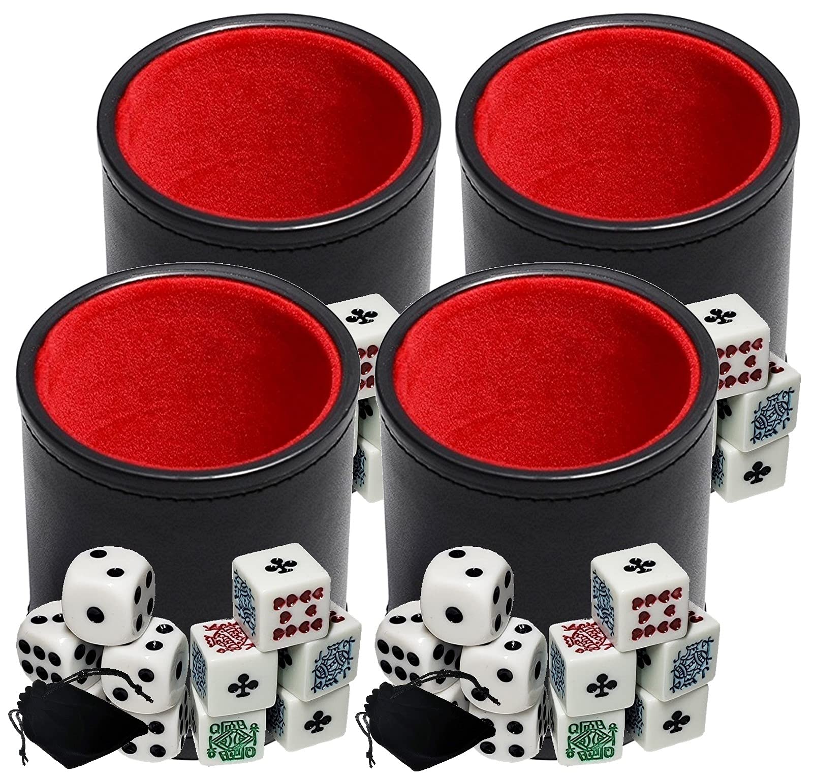 Cyber-Deals Black PU Leather Red Felt Lined Dice Cup with White Poker & Pip Dice in Storage Pouch Set (4 Sets)