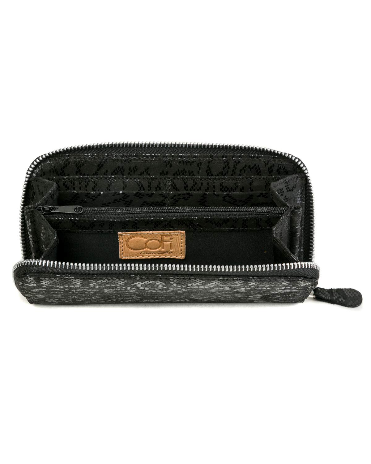 CoFi Wallets - Genuine Handmade Full Grain Leather Zip Wallet, Unique Black Anaconda Pattern