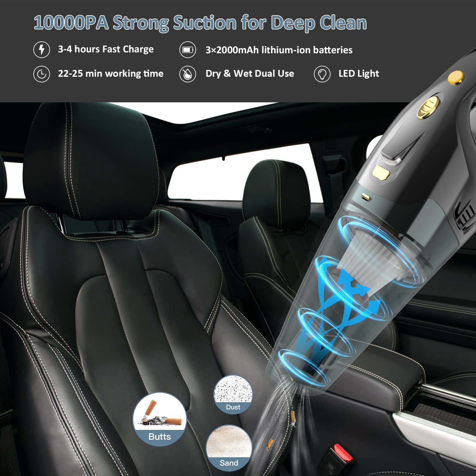 Handheld Vacuum Dust Busters Cordless Rechargeable, AEWHALE Hand Vacuum Cordless 10000PA High Power with LED Light, Portable Home & Car Mini Vacuum, Wet/Dry Car Vacuum Cleaner(Black)