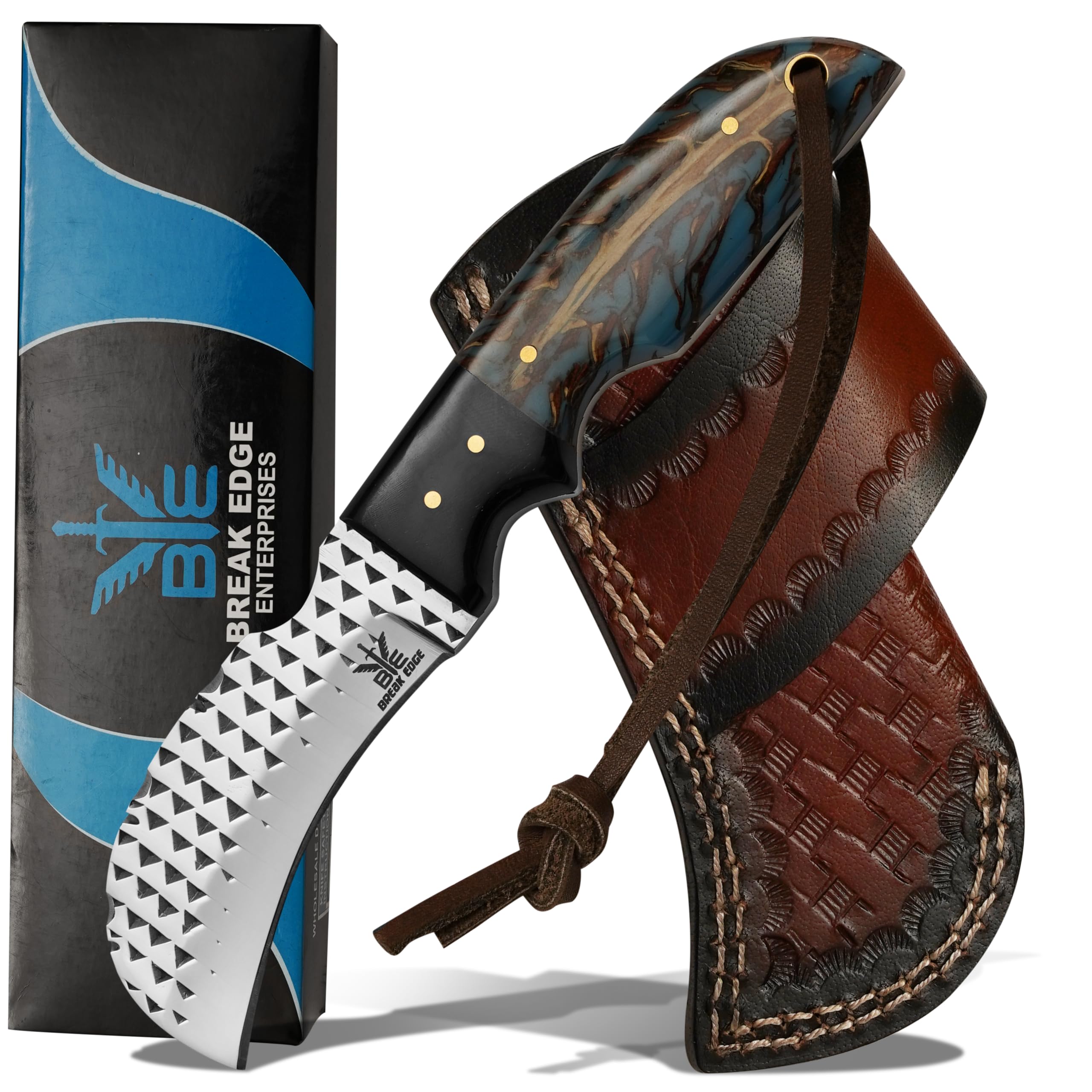 BE BREAK EDGE Handmade Steel Lineman’s Hawkbill knife with Leather sheath,Wire Skinning knife,Heavy Duty Utility knife, Fixed blade Full Tang Electrician knife for professional,(Bison Horn Handle)