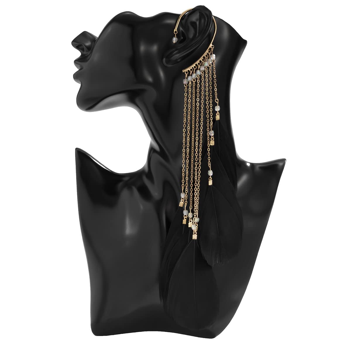 Asphire Bohemian Long Tassel Feather Ear Cuff 1pcs Non-Piercing Feather Fringe Earring Elegant Exaggerated Chandelier Ear Wrap for Women Ball Beach Party Statement Jewelry (Black)