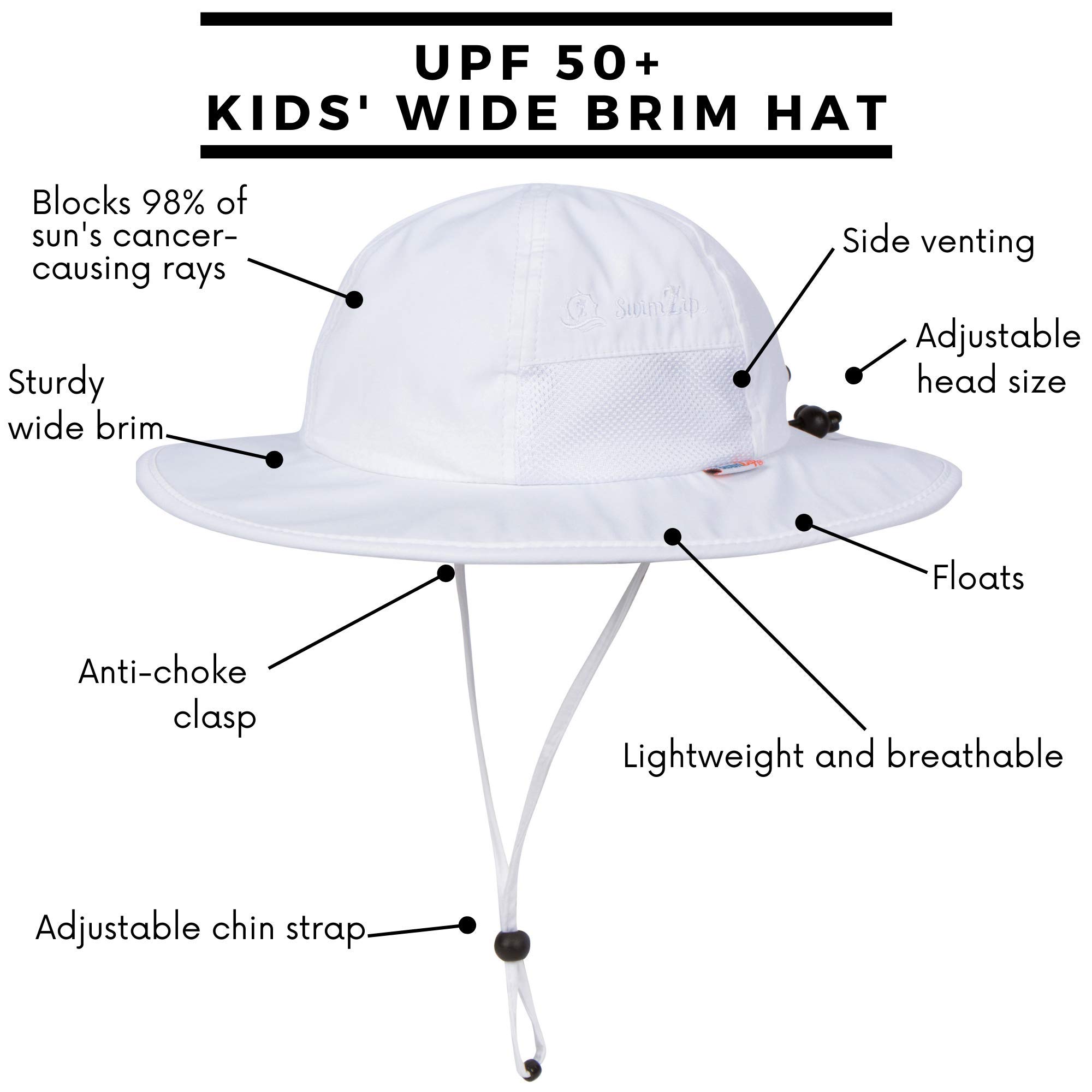 SwimZip Wide Brim Sun Hat | UPF 50+ Protection for Baby, Toddler, and Kids White