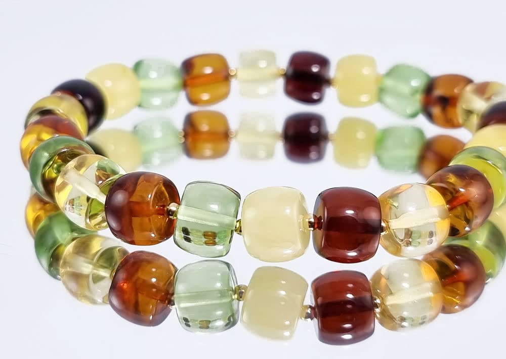 AMBER ALEX Multi-Color Amber Tablets Stretch Bracelet, Genuine Baltic and Caribbean Amber.