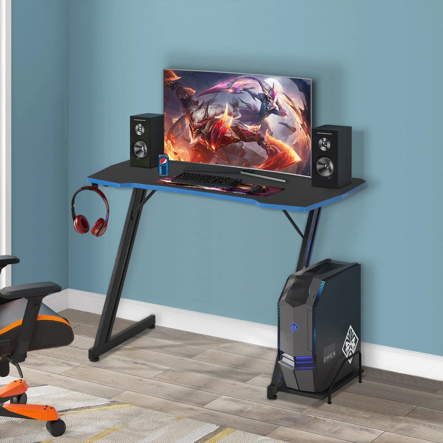 BestOffice Gmaing Desk Z Shaped 47 inch Gaming Workstation Ergonomic Gaming Table PC Computer Desk with Headphone Hook for Game Players, Blue