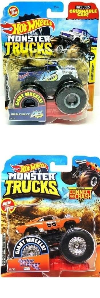 Hot Wheels Monster Trucks Crushable Car Set of 6 Diecast Vehicles with Bigfoot 45, Dodge Charger, Camaro and More