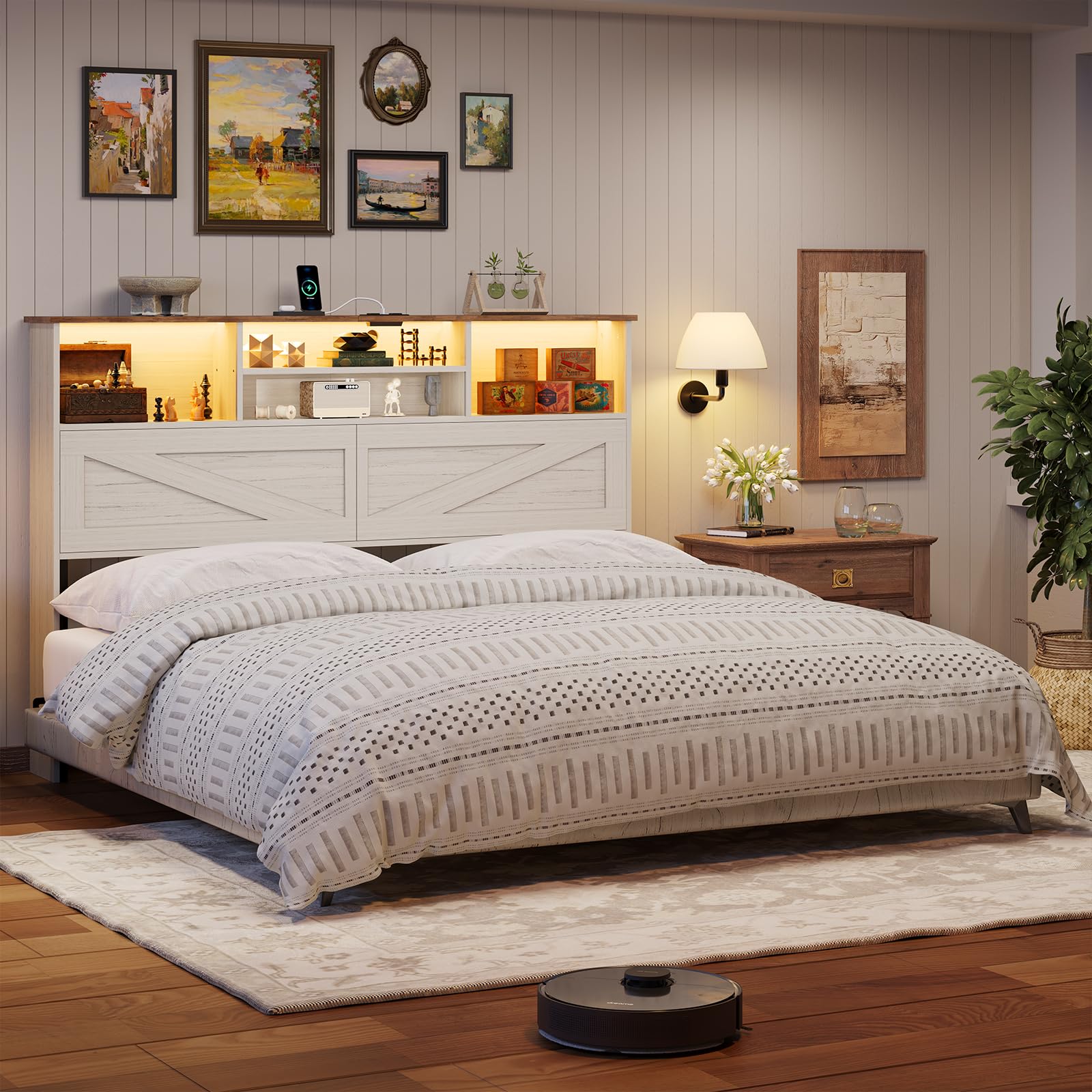 AOGLLATI Farmhouse King Headboard Only with Charging Station & Led Lights, King Size Headboard Only with 2-Tire Bookcase Storage Space for Bedroom, Easy Assembly, White