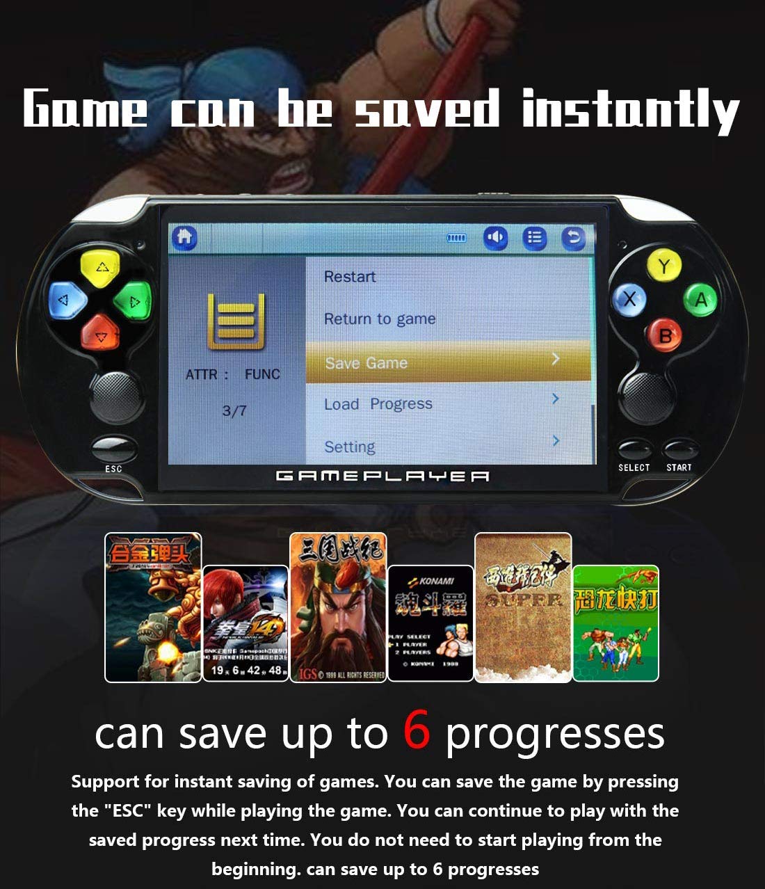 CZT 5.1-inch multi-function video game console color crystal buttons built-in 9600 games MP3MP4 lithium battery game archive AV OUT DV/DC hand-held gaming device (Black)