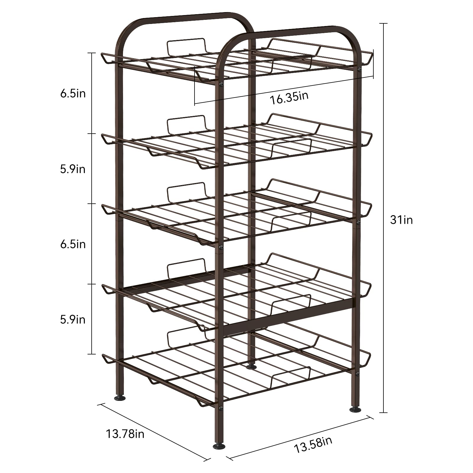 smusei 5 Tier Water Bottle Organizer Vertical Free Standing Storage Shelf Metal Beverage Rack Dispenser Large Capacity Bottled Water Holder Stand for Kitchen Party Pantry, Bronze