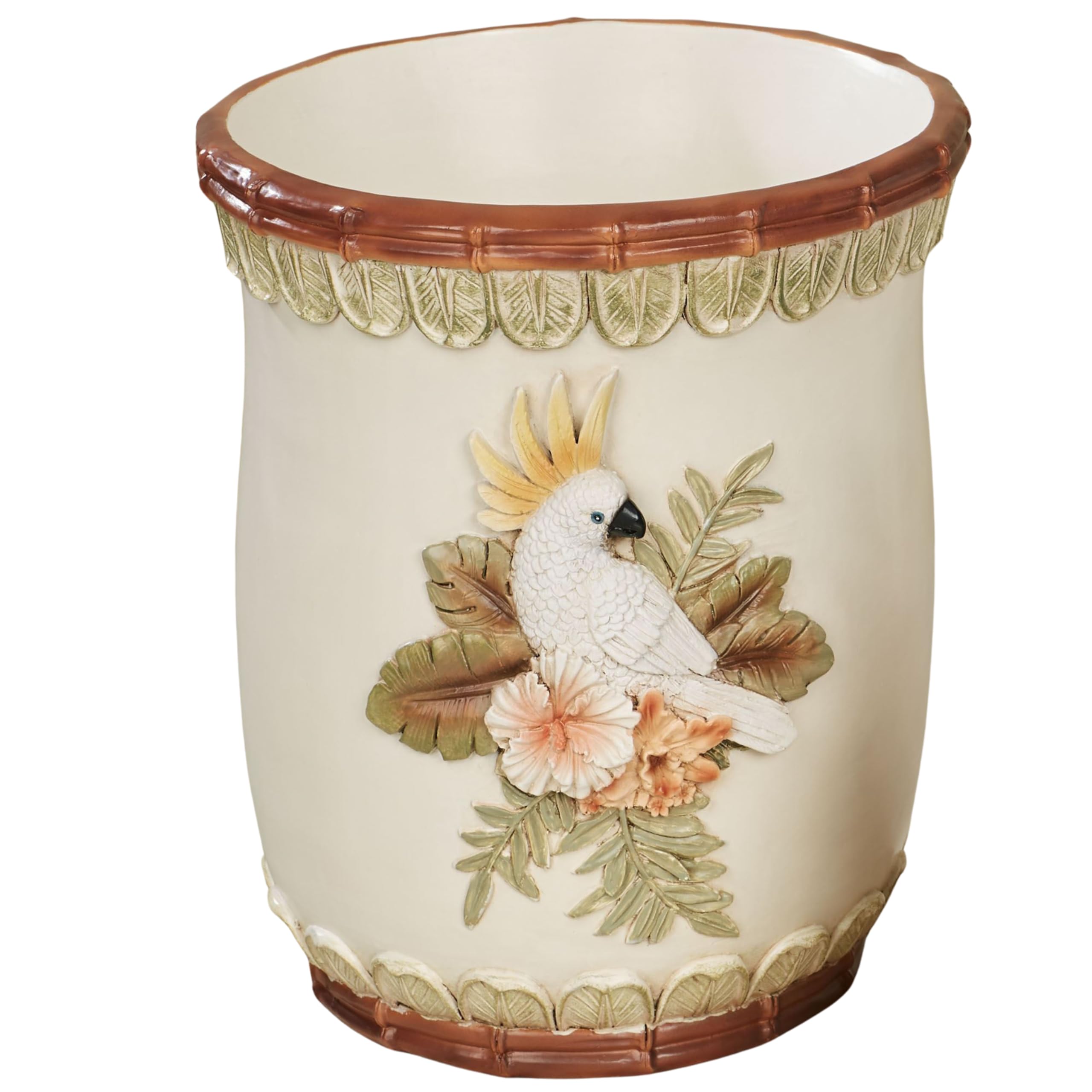 Garden Tropics Wastebasket | Cockatoo and Toucan Bird Designs | Tropical Style Trash Can for Bathroom | Dimensional Accessory