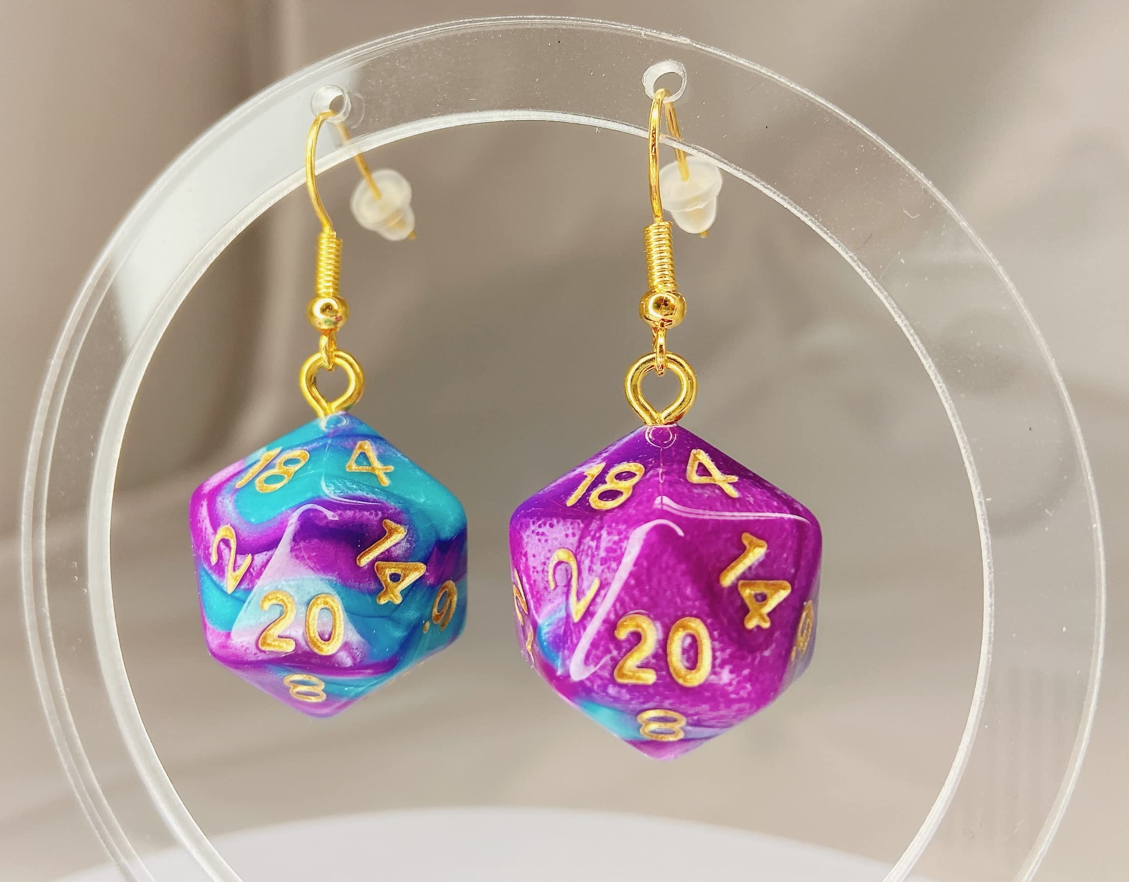 d20 20-Sided Polyhedral Dice Earrings - Hook with Earnuts (Light Blue-Purple Swirl)