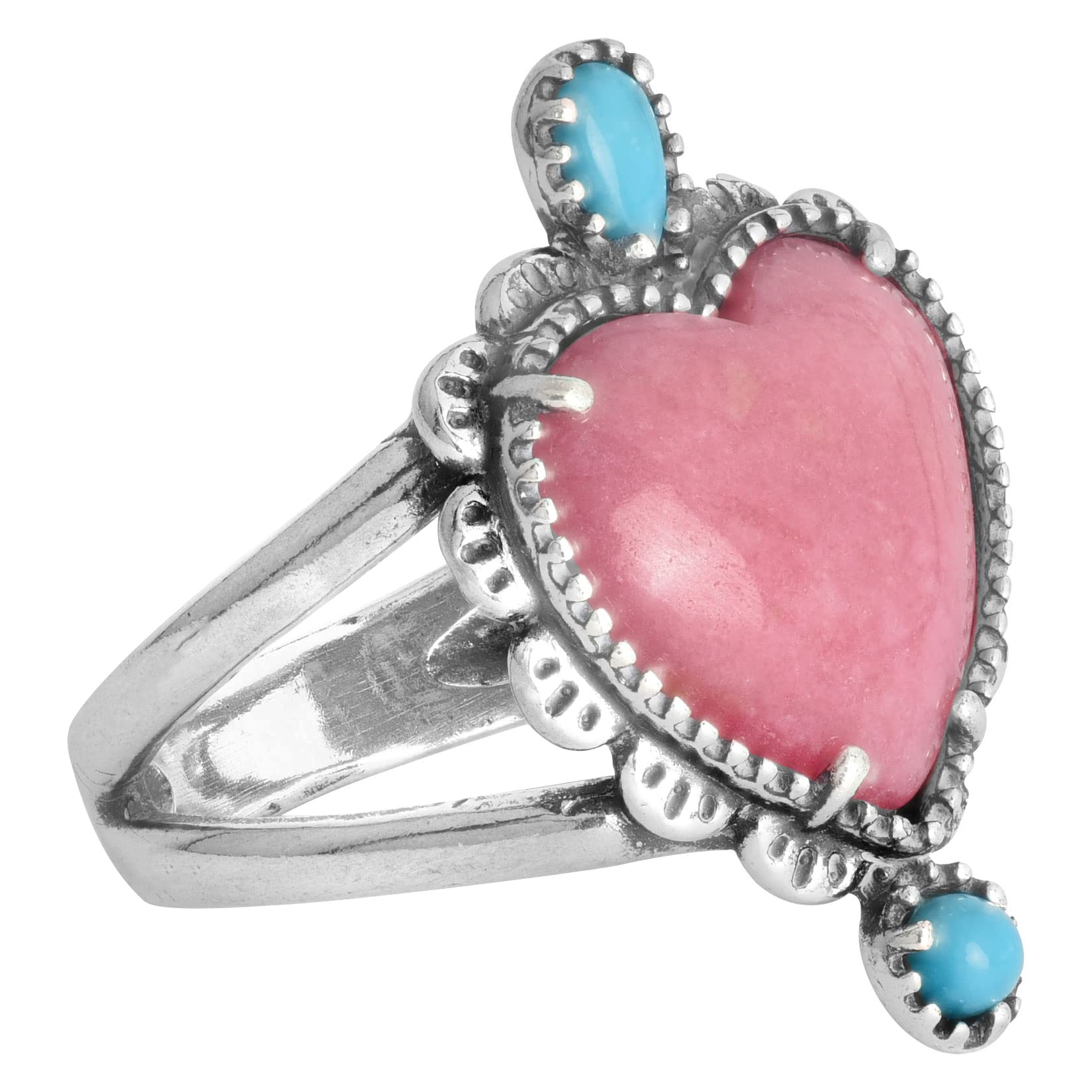 American West Sterling Silver Women's Ring Pink Rhodonite & Sleeping Beauty Turquoise Concha Heart Design Size 6