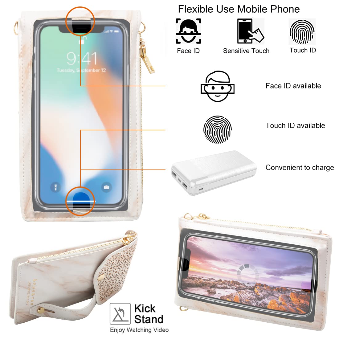 SNUG STAR Multi-purpose Card Holder Wallet-RFID Blocking,Lightweight Zipper Pocket Crossbody Bag with Touch Screen Purse for Most iphone Cell phones (Marble white)