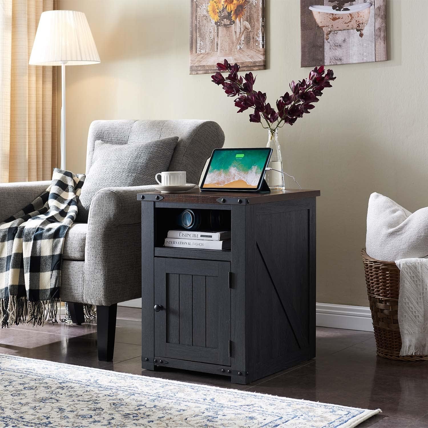 IFGET Farmhouse End Table with Charging Station, 20" Nightstand w/Groove Barn Door, Rustic Wood Bedside Table, Side Table with Storage w/Open & Adjustable Shelf for Bedroom, Living Room (Dark Grey)