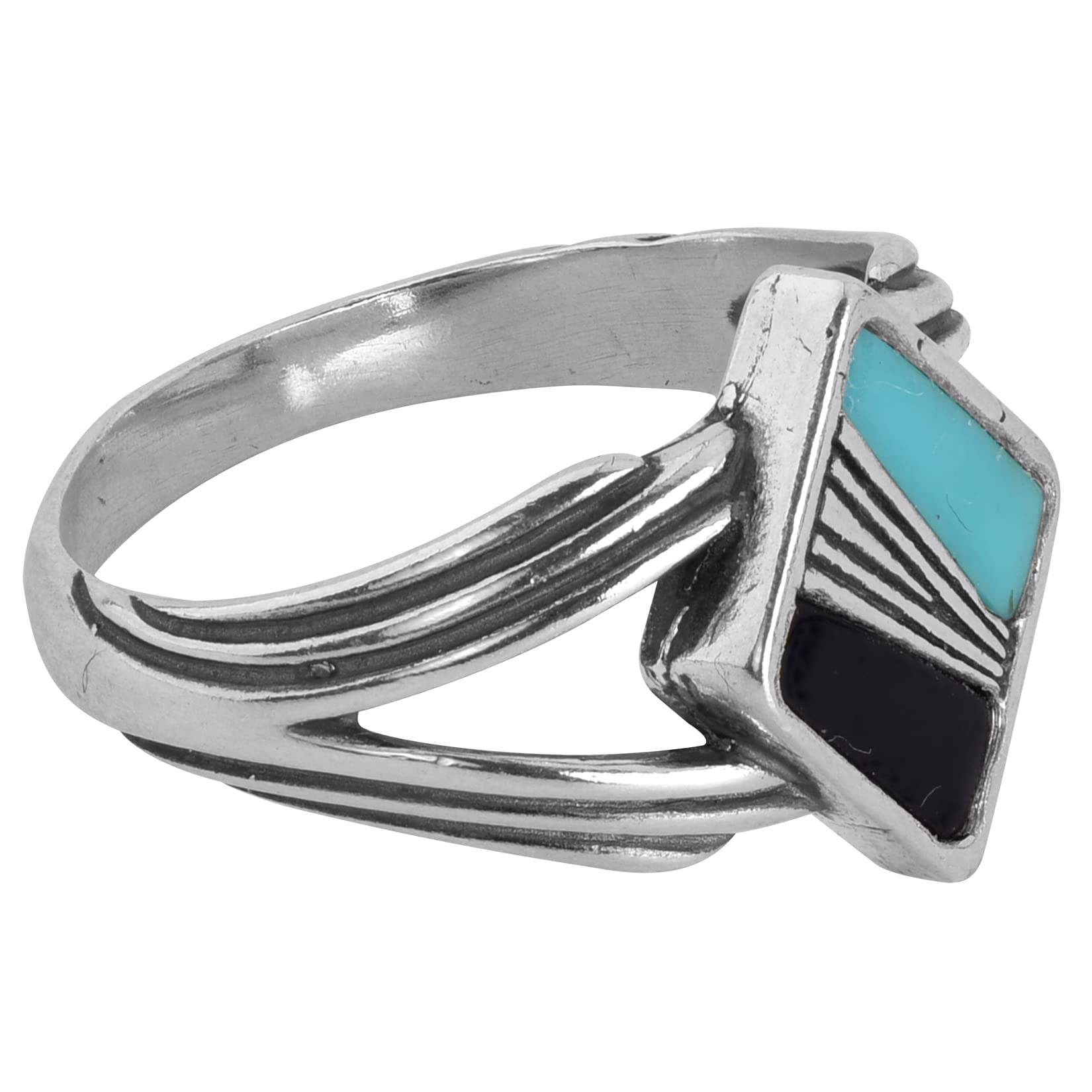 American West Sterling Silver Women's Ring Black Agate & Blue Turquoise Gemstone Size 6