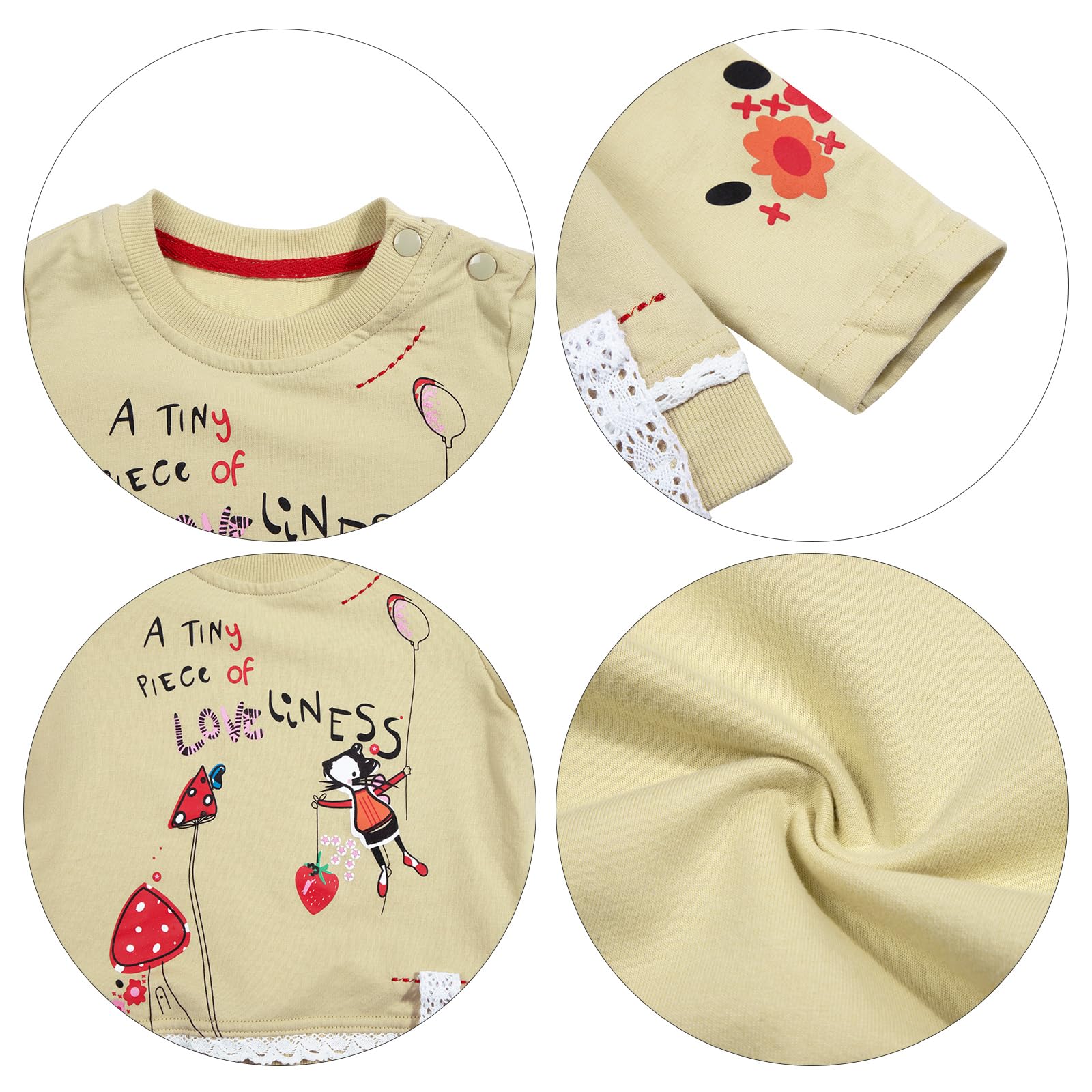 Little Girl's Long Sleeve Cartoon Pullover Shirt and Jeans Pants Outfit Set, Apricot, 4T