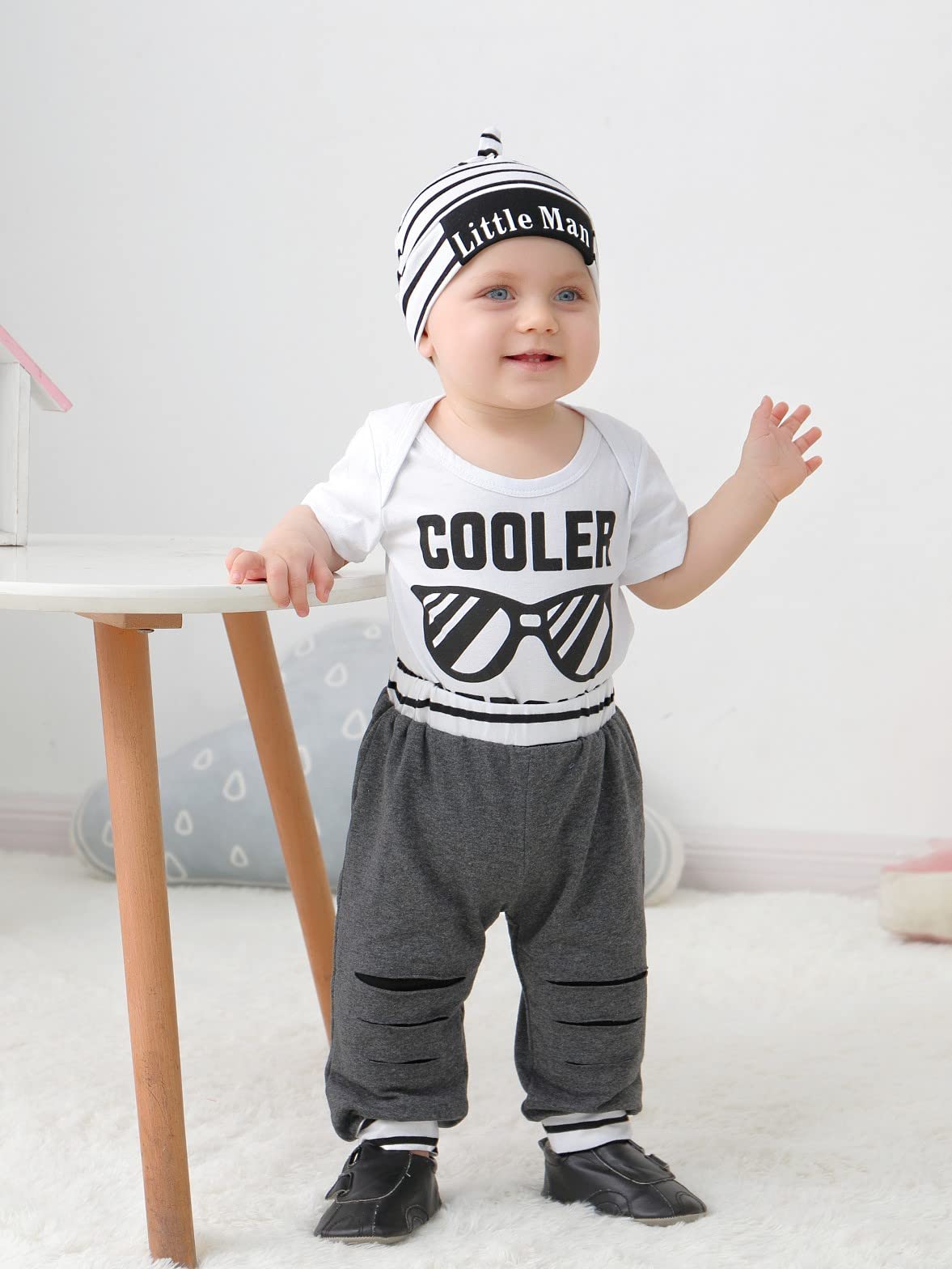 DISAUR Baby Boy Clothes Newborn Boy Outfits, Infant Short Sleeve Letter Print Romper+Long Pants+Hat 3PC Clothing Set(3M,White)