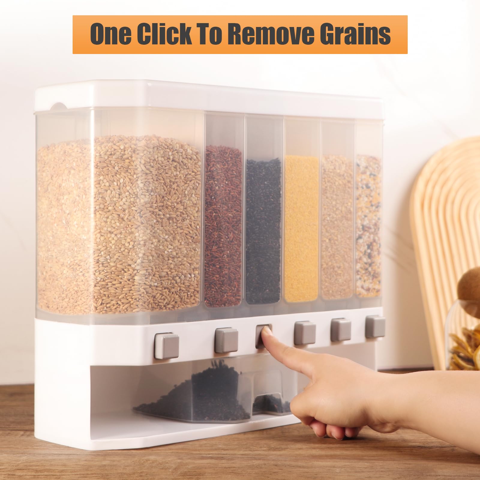 Grain Dispenser with Measuring Cup,Dry Food Dispenser Snack Dispenser Rice Dispenser for Kitchen Organizing,Kitchen Storage 25 Pounds Food Dispensers,6 Grid