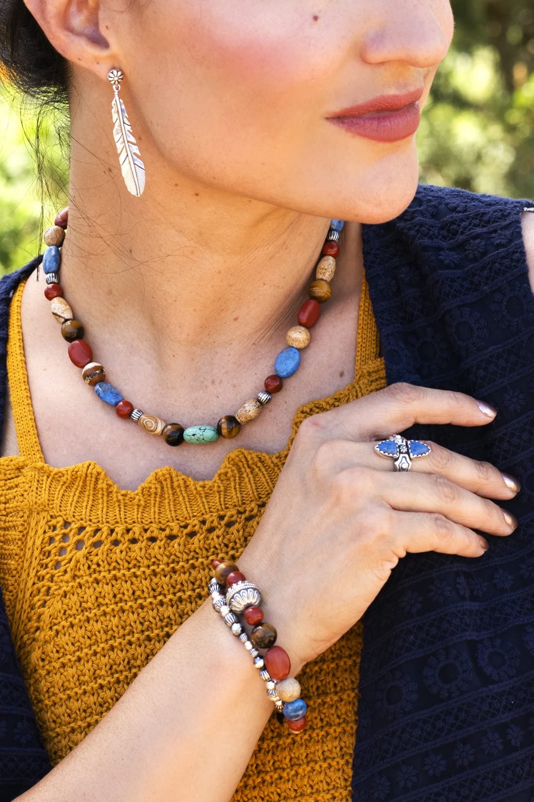 American West Sterling Silver Earth Tone Gemstone Beaded Magnetic Women's Strand Necklace 17 Inch