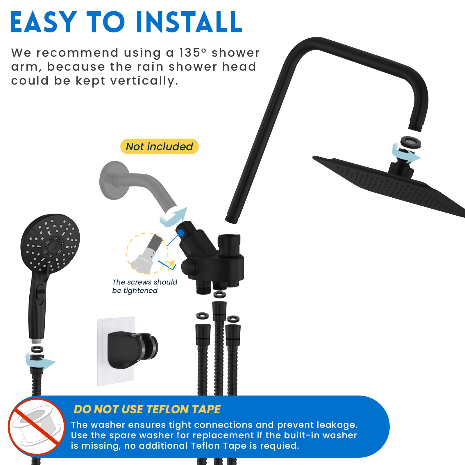 Ryamen Dual Shower Head Combo, Black 8'' High Pressure Rain/Rainfall Shower Head,5 Settings Adjustable Handheld Showers,with 15" Height Adjustable Slide Bar,Holder/59’‘ Hose