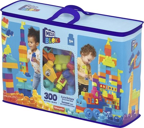 Mega BLOKS First Builders Toddler Blocks Toys Set, Even Bigger Building Bag with 300 Pieces and Storage, Blue, Ages 1+ Years