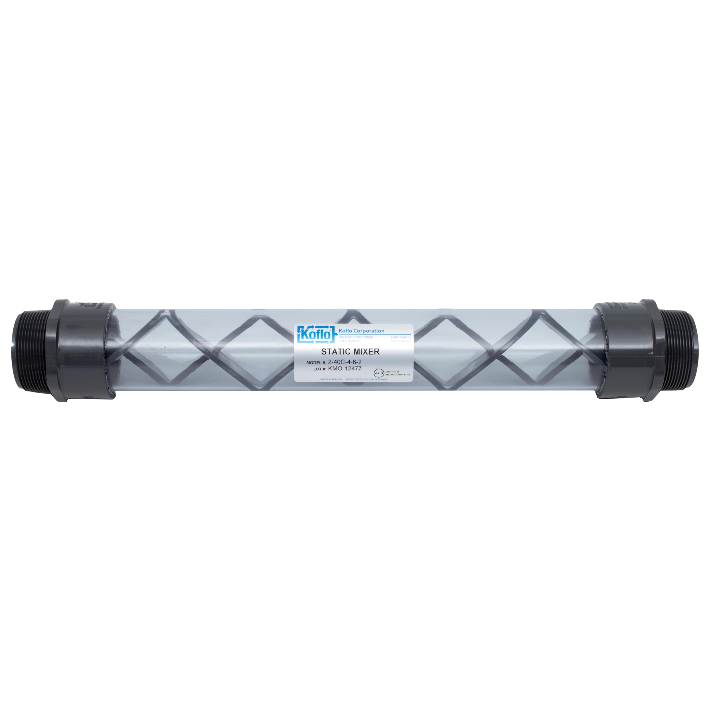 Koflo 2-40C-4-6-2 Clear PVC Schedule 40 Pipe Static Inline Mixer; 2" NPT(M), 6 Elements
