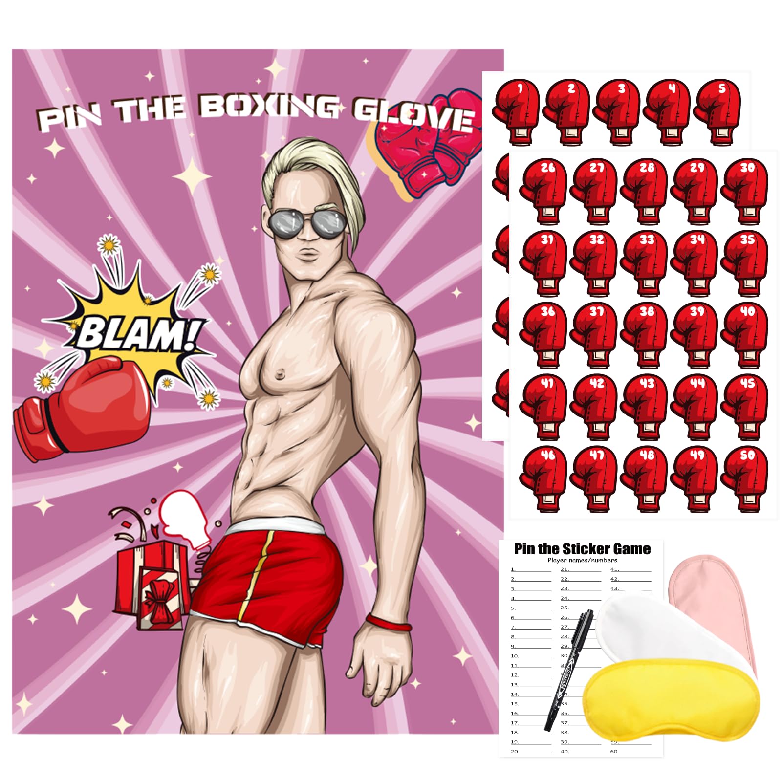 Bachelorette Party Games Pin the Sticker on The Hunk Games with 50 Boxing Glove Stickers for Bridal Shower Games Engagement Bachelorette Wedding Shower Funny Girls Night Games