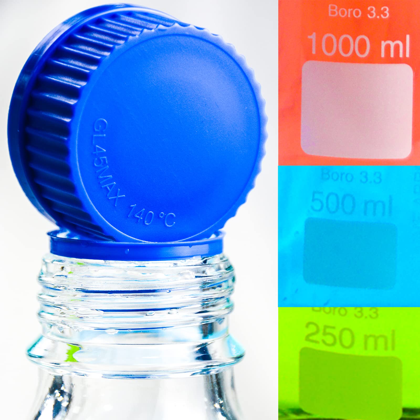 SWONES Graduated Round Reagent Media - Round Media Storage Bottle - Storage Glass Bottles, with GL45 Screw Cap,Borosilicate 3.3 Glass (250ml, 4pcs)