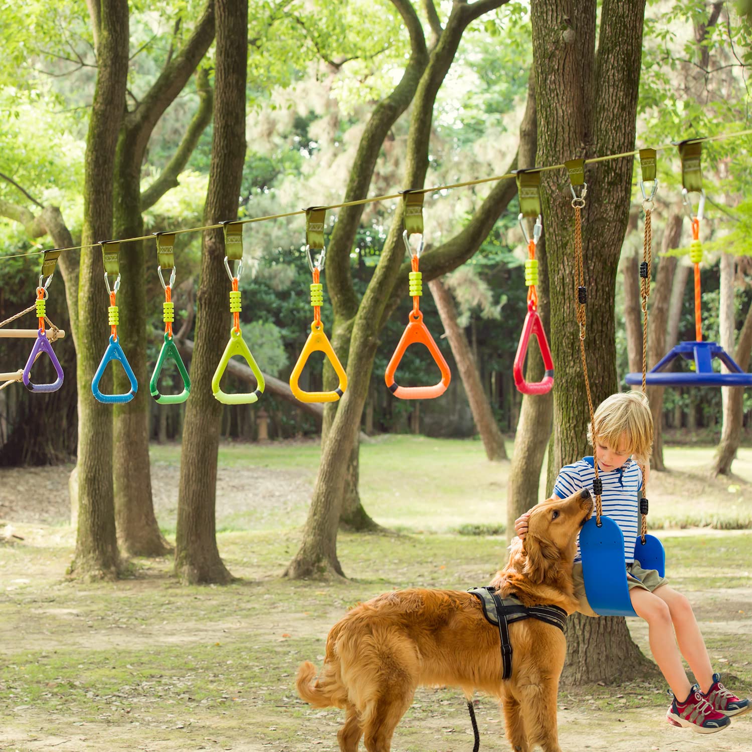 HAPPYPIE Ninja Warrior Obstacle Course Training Equipment for Kids, 46 FT Slackline with 11 Obstacles, Gymnastics Set Including Monkey Bars Zipline Swing Ninja Slackline for Backyard Boys Girls Age 6+