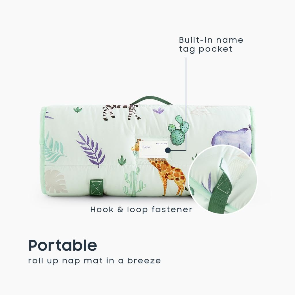 Wake In Cloud - Nap Mat with Removable Pillow for Kids Toddler Boys Girls Daycare Preschool Kindergarten Sleeping Bag, Elephant Lion Zebra Animals Printed on Green,100% Soft Microfiber