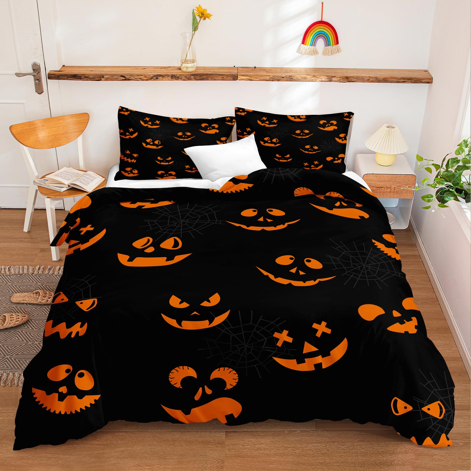 Bedorm Halloween Duvet Cover Set Orange Pumpkin Bedding Set Cute Pumpkin Ghost Cartoon Pattern Happy Halloween Decor Bedding King with 2 Pillowcases