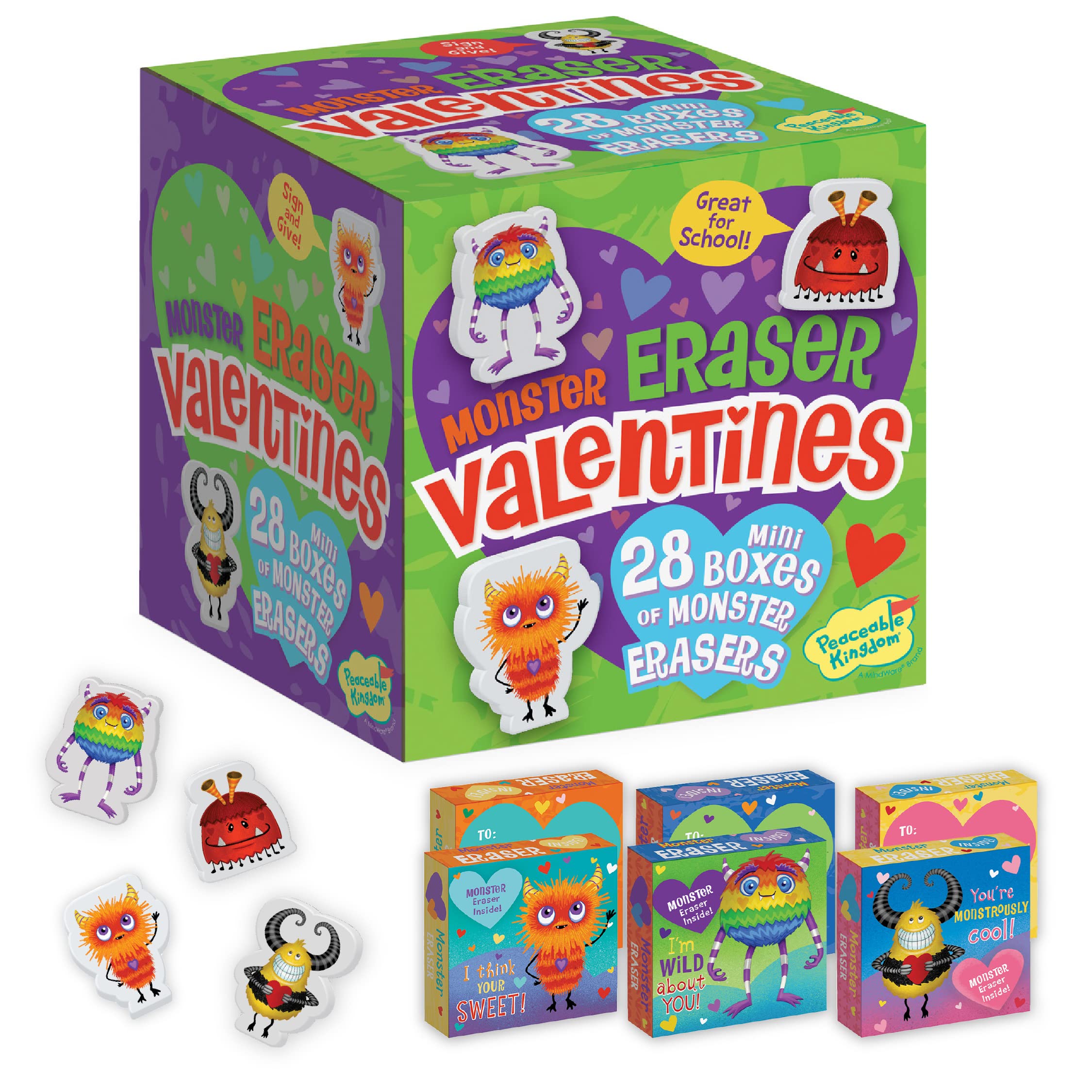Peaceable Kingdom Valentines Cards for Kids Classroom, Set of 28 Valentines Day Gifts - Monster Erasers