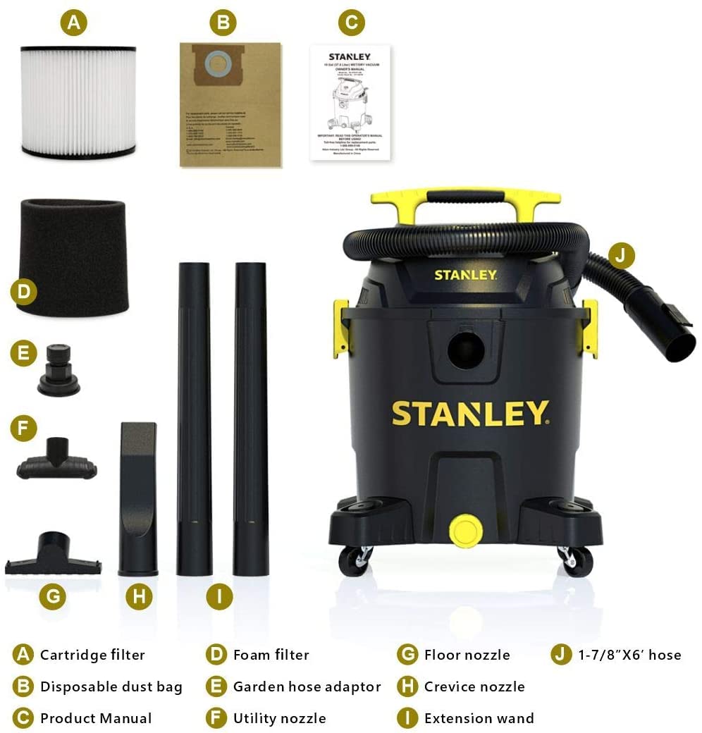 Stanley SL18701P-10A Wet/Dry Vacuum,10 Gallon Shop Vacuum, 6.0 Peak HP Wet/Dry Vac with Blower Function, 1-7/8" Hose, Black