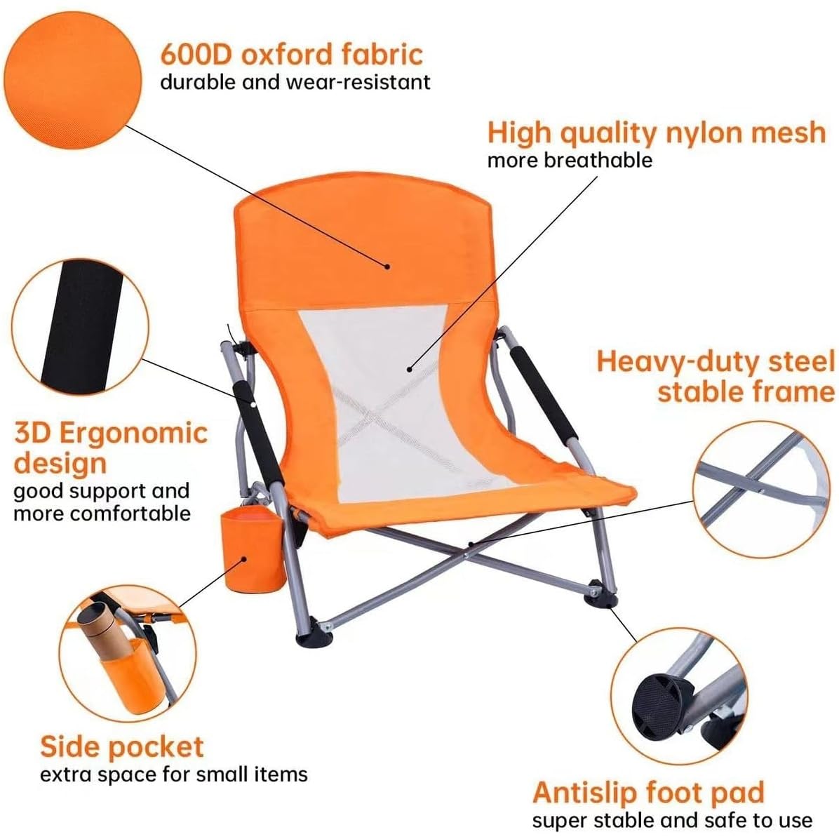 Beach Chair, Beach Chair and Umbrella, Folding Beach Chair, Beach Chairs for Adults 1-Pack Orange - Orange