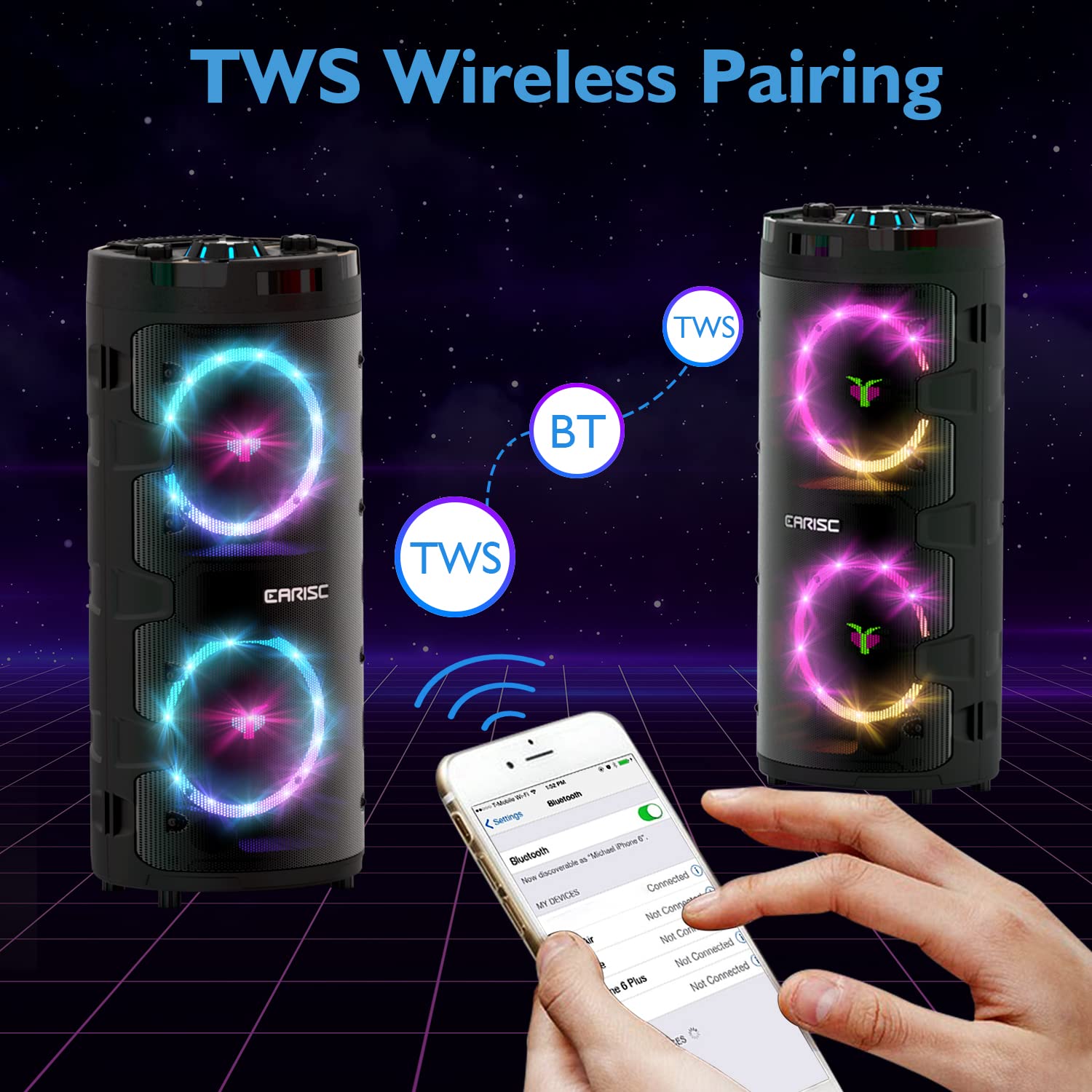 EARISE M62 Portable Bluetooth PA Speaker, Dual 6.5" Rechargeable Indoor/Outdoor Bluetooth Karaoke Audio System, TWS, Party Lights, LED Display, FM/AUX/MP3/USB/SD/TF