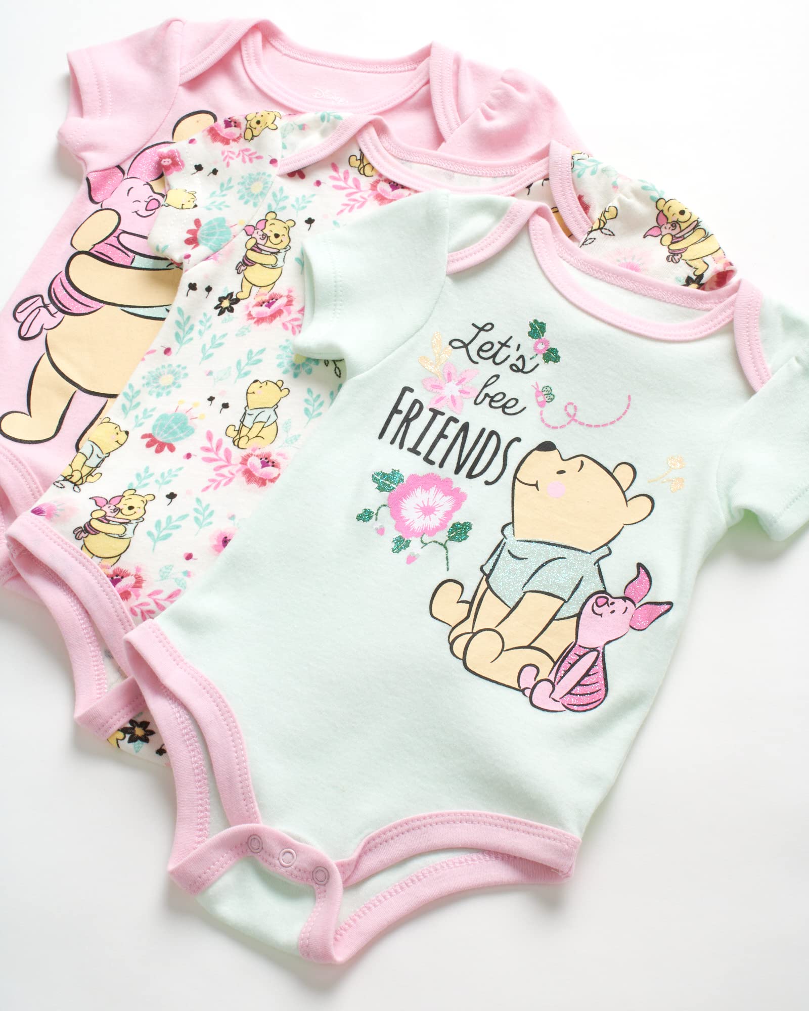 Disney Baby Girls? Minnie Mouse Bodysuit ? 3 Pack Romper: Easy Diaper Change, Size 0-3M, Pooh Bear Pink/Green