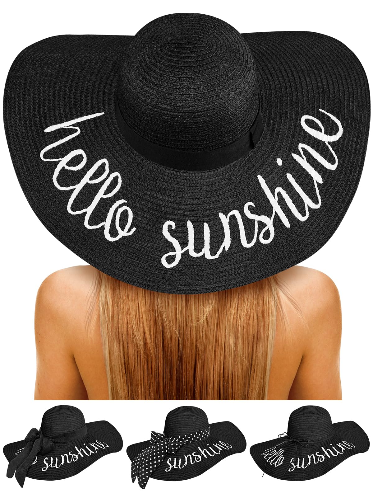 Beach Hats for Women - Foldable Straw Hat Embroidered Wide Brim Floppy Sun Hat UPF 50+, Honeymoon, Travel, Cruise,C1-Black