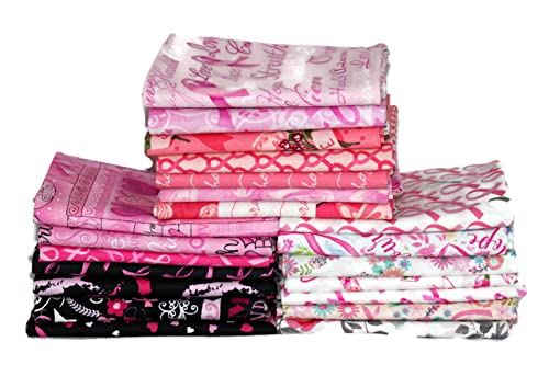 Fields 10 Fat Quarters - Breast Cancer Awareness Pink Ribbons Survivors Hearts Floral Inspirational Quality Quilters Cotton Fabrics Assorted Fat Quarter Bundle M492.26