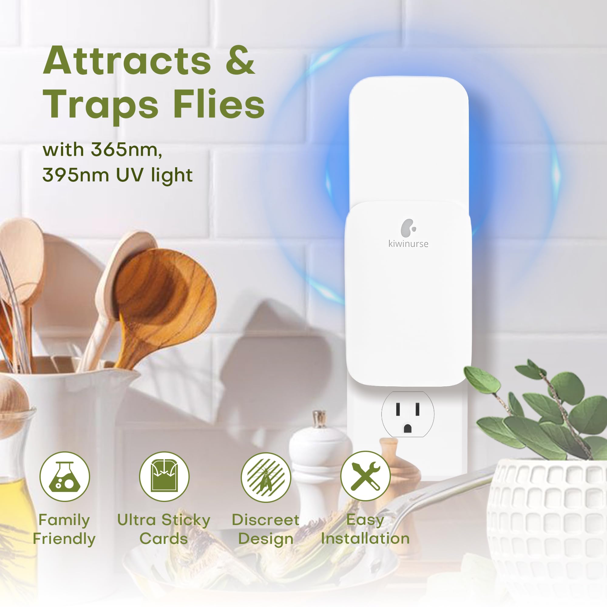 Kiwinurse Indoor Fly Trap for Home - Flying Insect Trap Fruit Fly Traps for Bugs, Gnats, Moths for Indoors with Bug Lights & Refills,1 Device+2 Double Sided Glue Cards