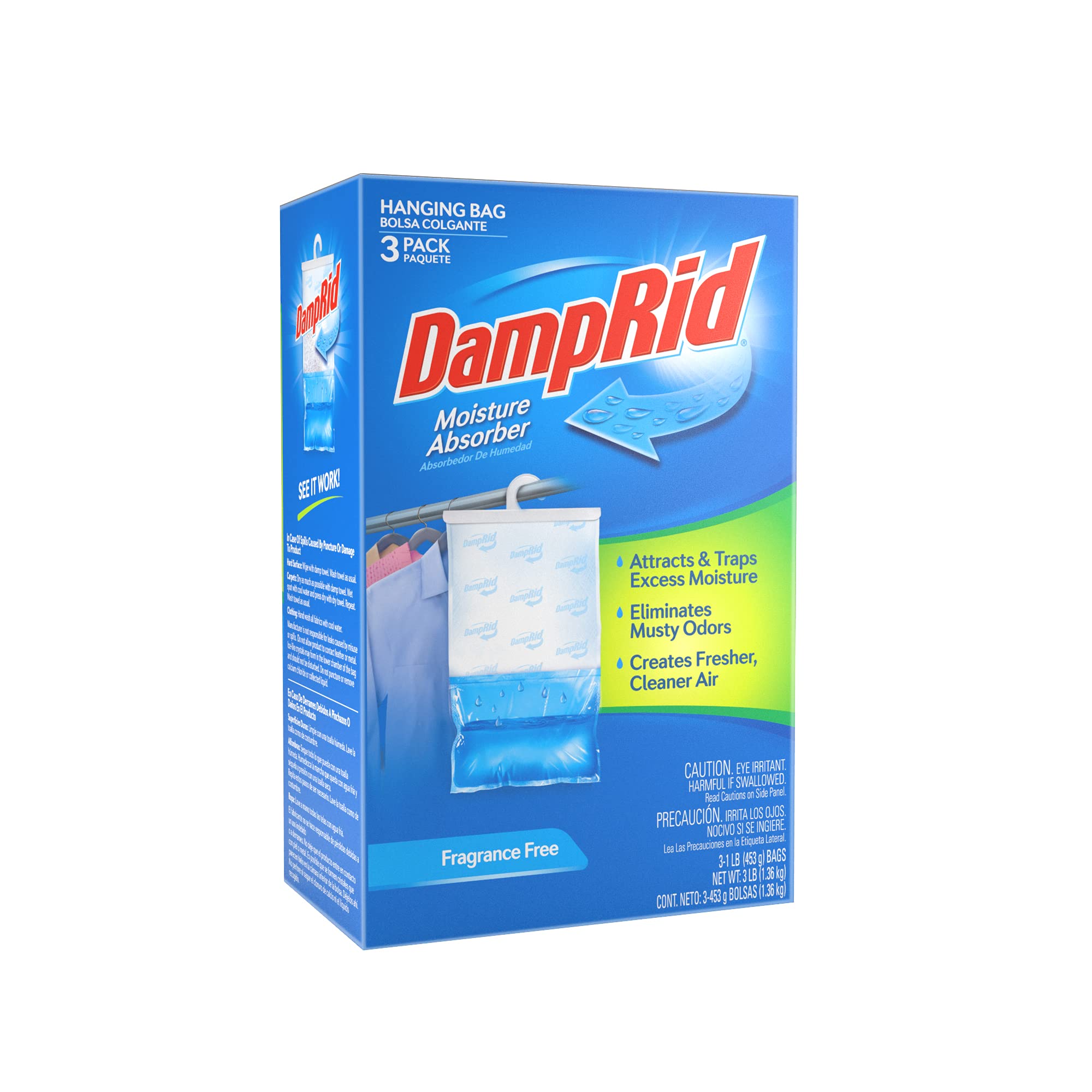 DampRid Hanging Bag Absorber for Closets, 3 Pack, 16 oz. Each, Fragrance Free Traps Excess Moisture for Fresher, Cleaner Air, 3 Count (Pack of 1)
